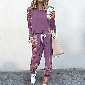 Lounge Sets for Women Sweatsuits Sets Crewneck Sweatshirts Pullover Long Pants Two Pieces Sweatsuit Lounge Sets Purple
