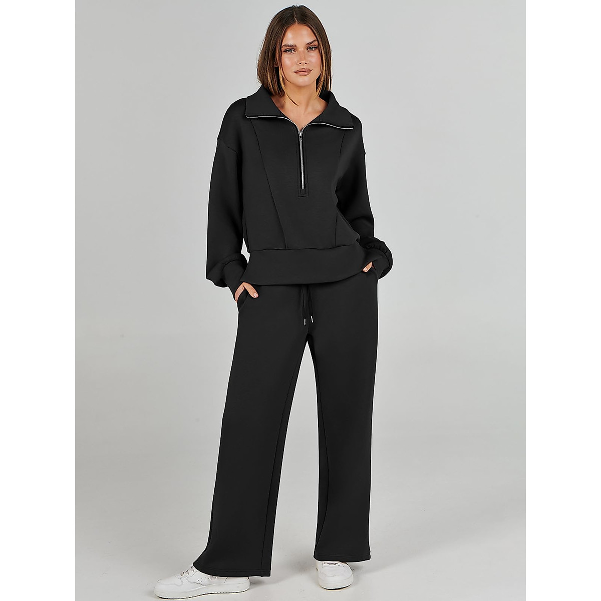 ANRABESS Womens Two Piece Outfits 2024 Fall Sweatsuit Set Half Zip Cropped Sweatshirt Wide Leg Sweatpant Lounge Set Black Medium