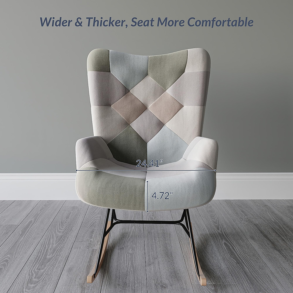 BELLEZE Colorful Patchwork Rocking Chair, Widen Nursery Rocking Chairs Comfy Linen Upholstered Glider Rocker with Solid Wood Legs for Living Room Bedroom Nursery - Paramount (Patchwork A)