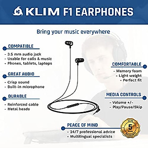 KLIM F1 Earbuds with Microphone + New 2022 + Excellent Audio Quality + Long-Lasting Wired Earphones with Mic + 5 Years Warranty + 3.5 mm Jack in Ear Headphones + Media Controls + Gaming Earbuds