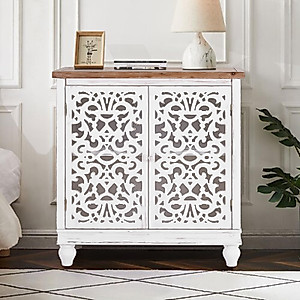 PHI VILLA Accent Cabinet with Doors Hollow-Carved Cabinet Farmhouse Antique Cabinet Credenza Buffet Cabinet for Entryway Living Room Storage Cabinet White