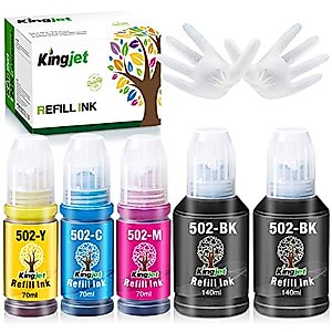 Kingjet Compatible 502 T502 Ink Bottle Replacement for Epson ET-2750 ET-3750 ET-4750 ET-2760 ET-3760 ET-4760 ET-2700 ET-3700 ET-3710 ET-15000 ST-2000 ST-3000 ST-4000 Printers, 5 Pack