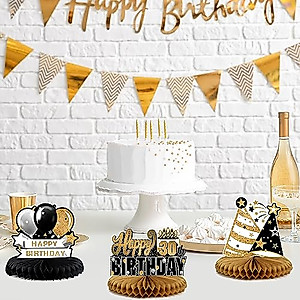 LINGTEER Happy 30th Birthday Black & Gold Paper Table Topper Centerpieces Set - 8 Pcs Cake Star Balloon Thirty Years Old Birthday 30th Bday Party Gift Decorations Sign.