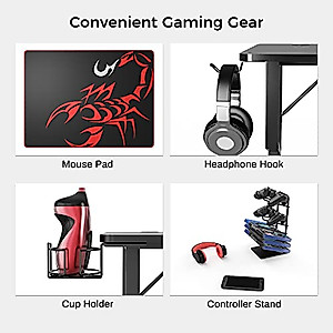 It's_Organized Gaming Desk 55 inch PC Computer Desk, K-Frame Home Office Desk Professional Gamer Workstation with Cup Holder Headphone Hook Gaming Handle Rack Free Mousepad, Black