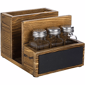 MyGift 4 Piece Set Rustic Brown Solid Wood Napkin and Salt & Pepper Shaker and Flatware Holder Caddy with 4 Compartments, 3 Seasoning Jar Bottles and Chalkboard Label