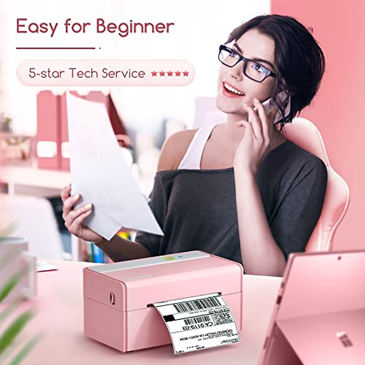 JADENS Pink Thermal Label Printer & White Label Holder, Label Holder for Rolls and Fan-fold Labels & Bluetooth Thermal Label Printer