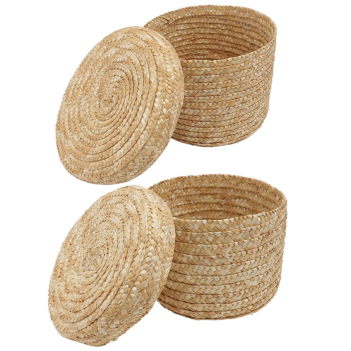 Cabilock 2pcs Straw Storage Basket Desktop Wicker Magazine Baskets Hampers for Laundry with Lid Seagrass Storage Baskets Snack Container Wheat Straw Decorative Basket to Weave