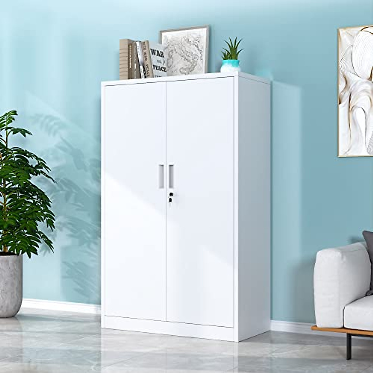 JINKUR Metal Storage Cabinet with Locking Doors and 3 Adjustable Shelves, 53.5-Inch Lockable Storage Cabinets for Home Office Garage Kitchen Pantry (White)