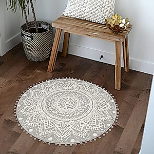 Uphome Small Round Rug 2.3’ Grey Mandala Boho Bathroom Rugs with Pom Poms Fringe Washable Circle Shower Mat Soft Non-Slip Cute Circular Throw Rug for Sink Powder Room Bedroom Kids Room Nursery