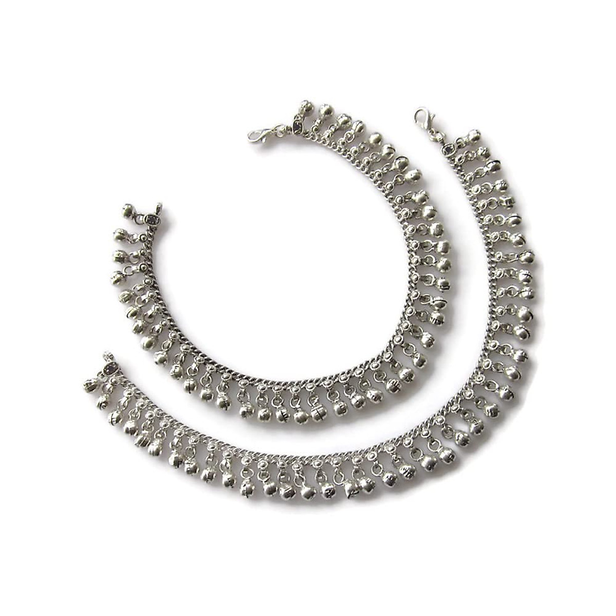 Anklet Pair Chain Bell Tassel Handcrafted | Boho Gypsy Goth Hippie Festival Vintage Style Ankle Bracelet Feet Jewelry | Womens Novelty Fashion Accessory | Indian Payal Metallic Silver Oxidized Finish