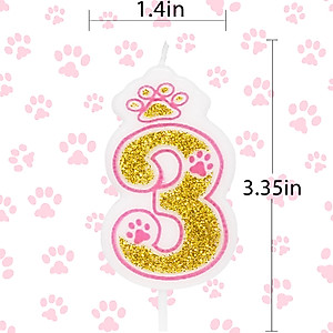 FAMGift Number 3 Pink Paw Birthday Candles - 3rd Birthday Cake Topper for Boy Girl Birthday Decoration, Cartoon Themed Party Supplies