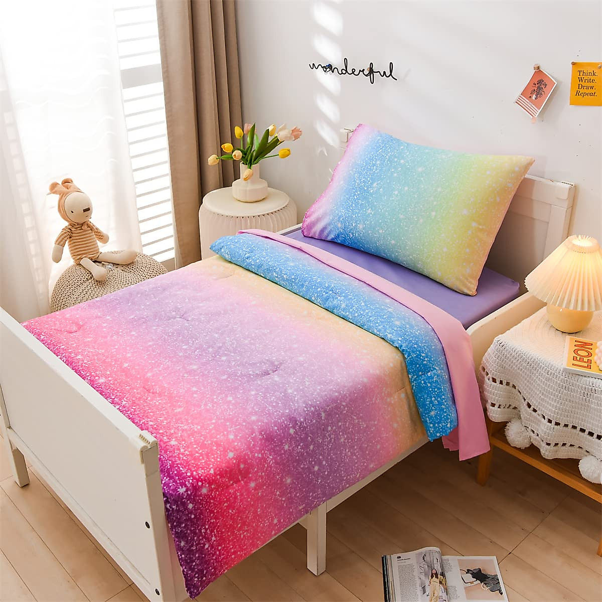 Holawakaka 4PCS Ombre Toddler Bedding Set, Colorful Gradient Stars Comforter Sheet Sets for Baby Girl Toddler Girls (Multi-Color)