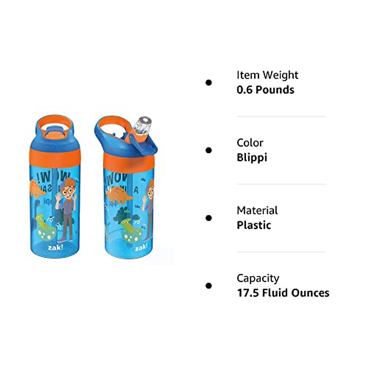 Zak Designs Blippi Kids Water Bottle with Spout Cover and Built-in Carrying Loop, Made of Durable Plastic, Leak-Proof Water Bottle Design for Travel (17.5 oz, Pack of 2)