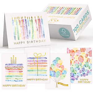 VNS Creations 100 Happy Birthday Cards, Assorted Watercolor & Gold Foil Blank Birthday Notes Pack, Bulk Boxed Assortment Set of Greeting Note Cards w/ Envelopes & Stickers