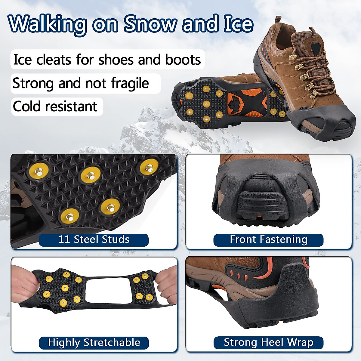 Ice Cleats Snow Traction Cleats Anti Slip Crampons for Walking on Snow and Ice 11 Steel Studs Snow Shoes Ice Grippers Rubber Stretch Footwear for Women Men Walking Hiking Fishing
