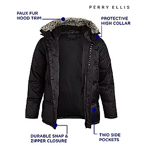 Perry Ellis Men’s Winter Jacket – Heavyweight Quilted Puffer Parka Coat with Faux Fur Trim Hood (S-XXL), Size Large, Onyx Black