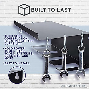 BISupply Power Tool Organizer Wall Mount Storage Rack with Shelf and Hooks - Cordless Drill Holder and Tools Storage