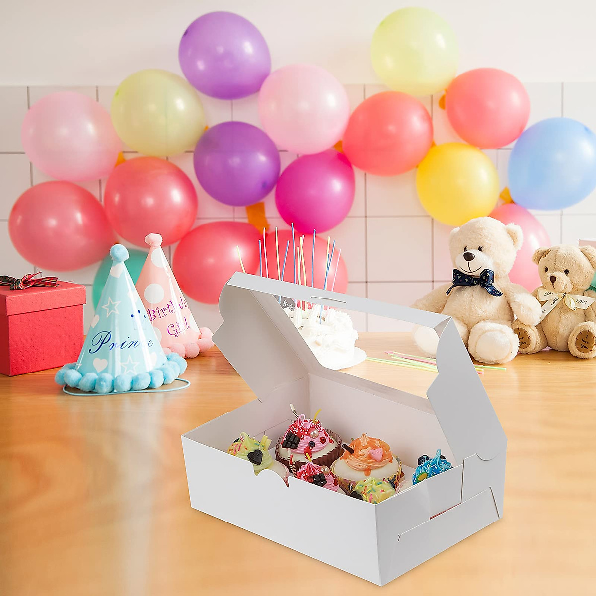 TONGDE Cupcake Boxes 30-Set with Inserts and Window Hold 6 Cupcakes, Food Grade Kraft Bakery Cake Boxes Pastry Holder with Ribbon for Cookie Mini Cake (White)