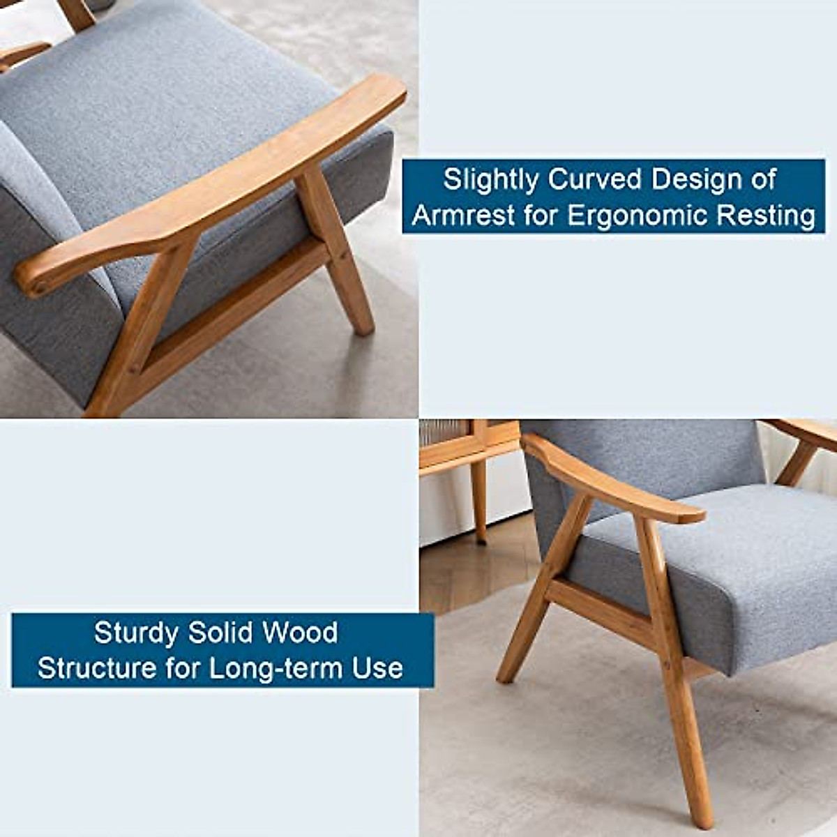 VINGLI Grey Accent Chairs Set of 2, Retro Mid Century Lounge Chairs for Living Room, Sturdy Upholstered Solid Wood Boho Farmhouse Armchairs for Bedroom/Reception