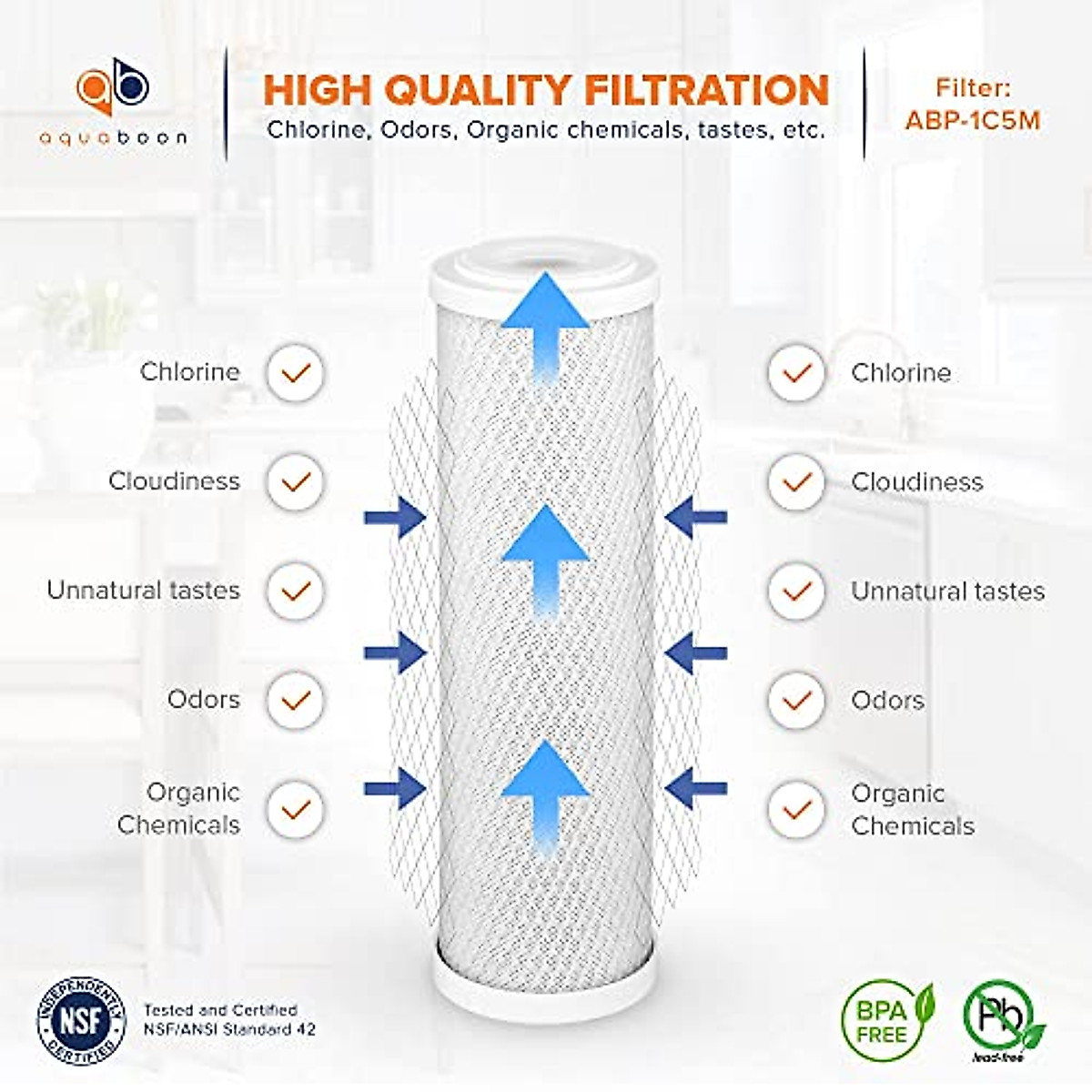 Aquaboon Universal 5 Micron 10 x 2.5 inch Cartridge | Premium Whole House Replacement Water Filter Cartridge | Coconut Shell Activated Carbon Block CTO | Compatible with Whirlpool WHA2BF5, 4 Pack