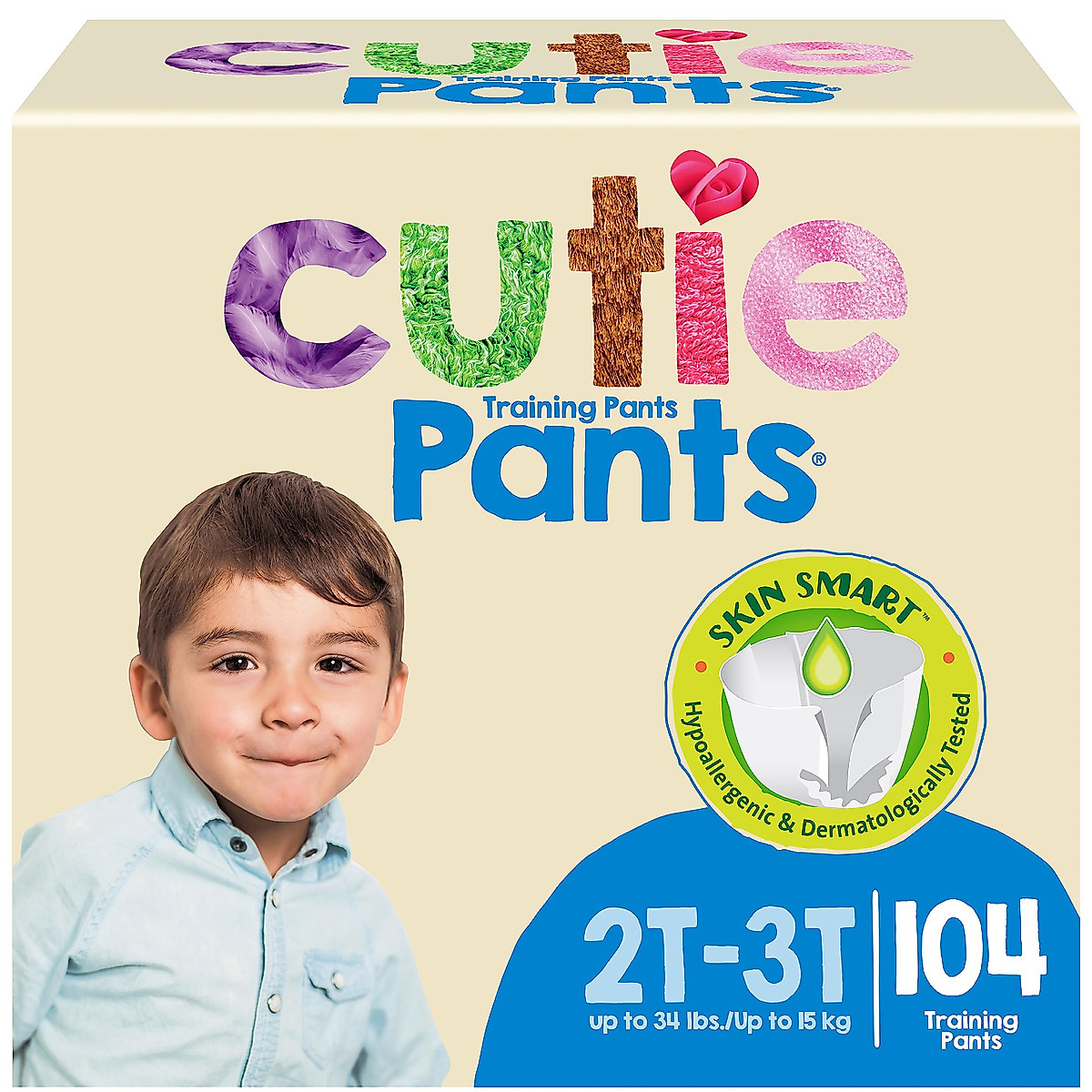 Cuties Boys 2T/3T Refastenable Potty Training Pants, Hypoallergenic with Skin Smart, 104 Count