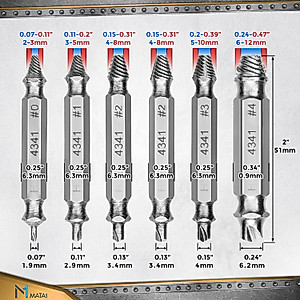 Mata1 Double-Sided Screw Extractor Set (6 pc, Stainless Steel), Stripped Screw Remover Drill Bits Kit w/Case