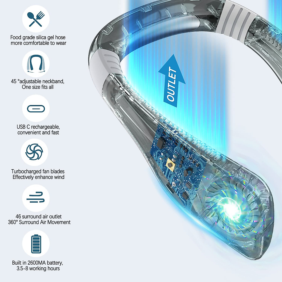 YUSSOT Neck Fan, Portable Neck Fan Rechargeable, Hands Free Bladeless Fan, Battery Powered Wearable Personal Fan, Low Noise Long Time Use 360° Cooling Bladeless Personal Cooling Fan, 3 Speeds White