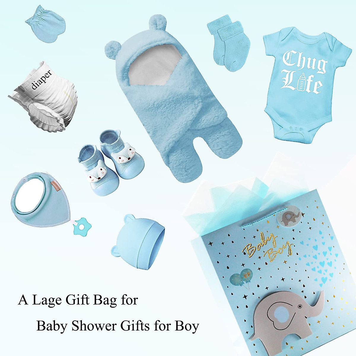 CUTERUI GIFTED 16.5" Extra Large Boy Gift Bags with 3D Elephant Patch for Baby Shower with Tissue Paper and Greeting Card (Blue Baby boy)