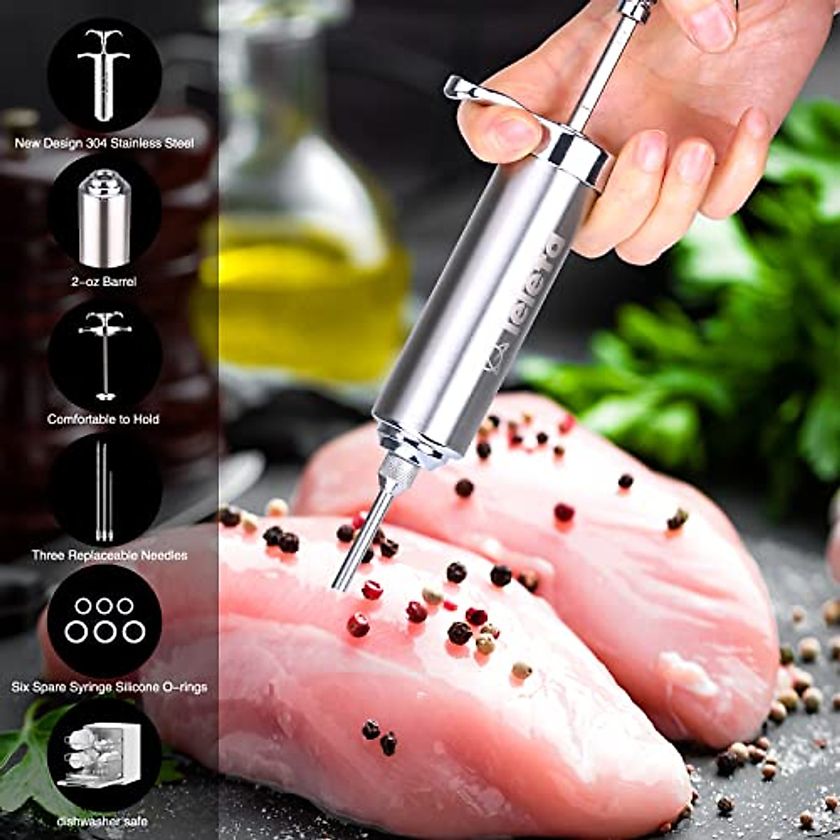 Lelefa 304-Stainless Steel Meat Injector with 3 Needles, 2-oz Capacity, Turkey Injector for BBQ Grill Smoker, Meat Injector Syringe with Paper User Manual