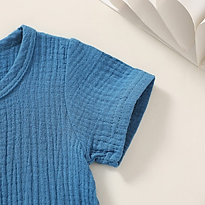 Happy Town Infant Baby Girl Boy Jumpsuit Cotton Linen Romper Short Sleeve One-Piece Bodysuit Infant Summer Clothes Outfits (Blue, 6-12 Months)