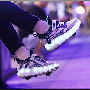 XinYiQu Kids Breathable Mesh Led Light Up Shoes USB Charging Double Wheels Roller Skate Shoes for Boys Girls 11 M US Little Kid,Blue