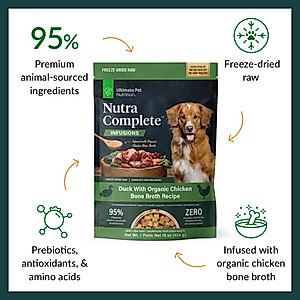 ULTIMATE PET NUTRITION Nutra Complete Bone Broth Infusions, 100% Freeze Dried Veterinarian Formulated Raw Dog Food with Antioxidants Prebiotics and Amino Acids (1 Pound, Bone Broth Duck)