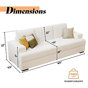 AMERLIFE 89in Couch, Comfy Sofa with Wood Legs, 3 Seater Modern Sofa- Deep Seat Couches for Living Room (Corduroy, White)