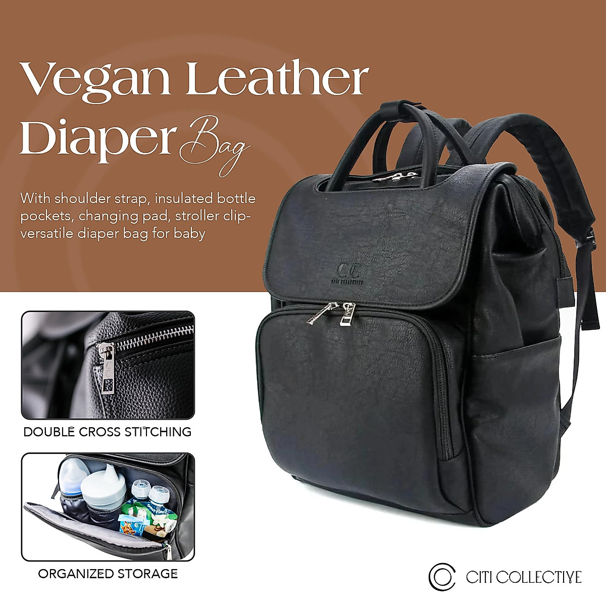 Citi Collective Explorer Black Diaper Bag Backpack - Vegan Leather Diaper Bag with Shoulder Strap, Insulated Bottle Pockets, Changing Pad, Stroller Clip- Versatile Diaper Bag for Baby