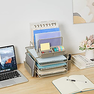 DESIGNA Stackable Mesh Desk Organizer with 3 Sliding Letter Trays 4 File Holders 2 Side Compartments & Pencil Holder Non-slip All In One Desktop Accessories Organizers Office Storage, Champagne