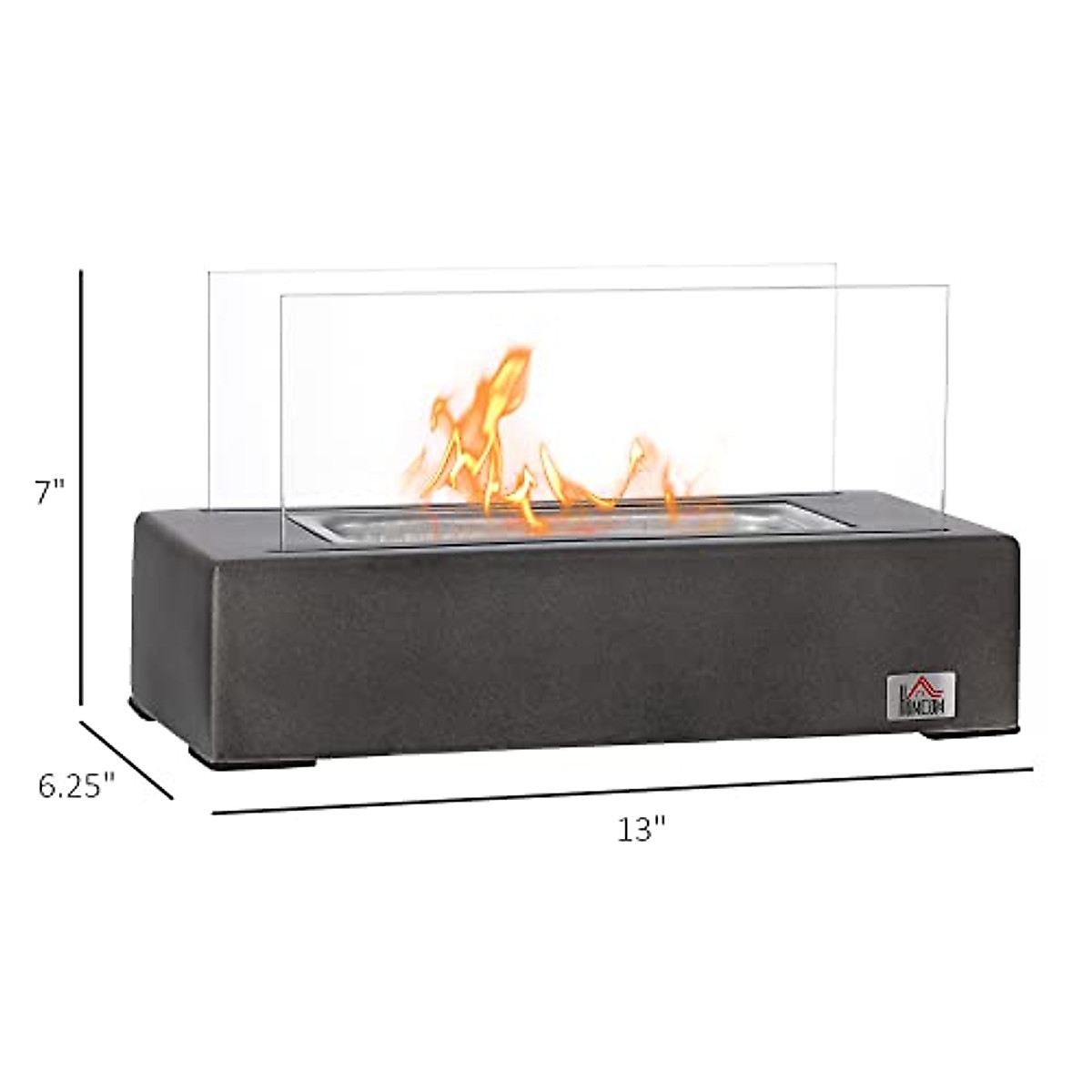 HOMCOM Tabletop Fireplace, 13" Concrete Alcohol Fireplace with Stainless Steel Lid for Indoor and Outdoor, 0.04 Gal Max 195 Sq. Ft., Dark Grey
