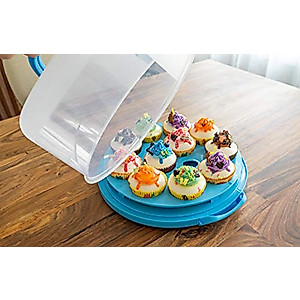 Red Co. 11 inch Cake & Cupcake Muffin Carrier Holder with Collapsible Handles, Blue Tray/Clear Lid
