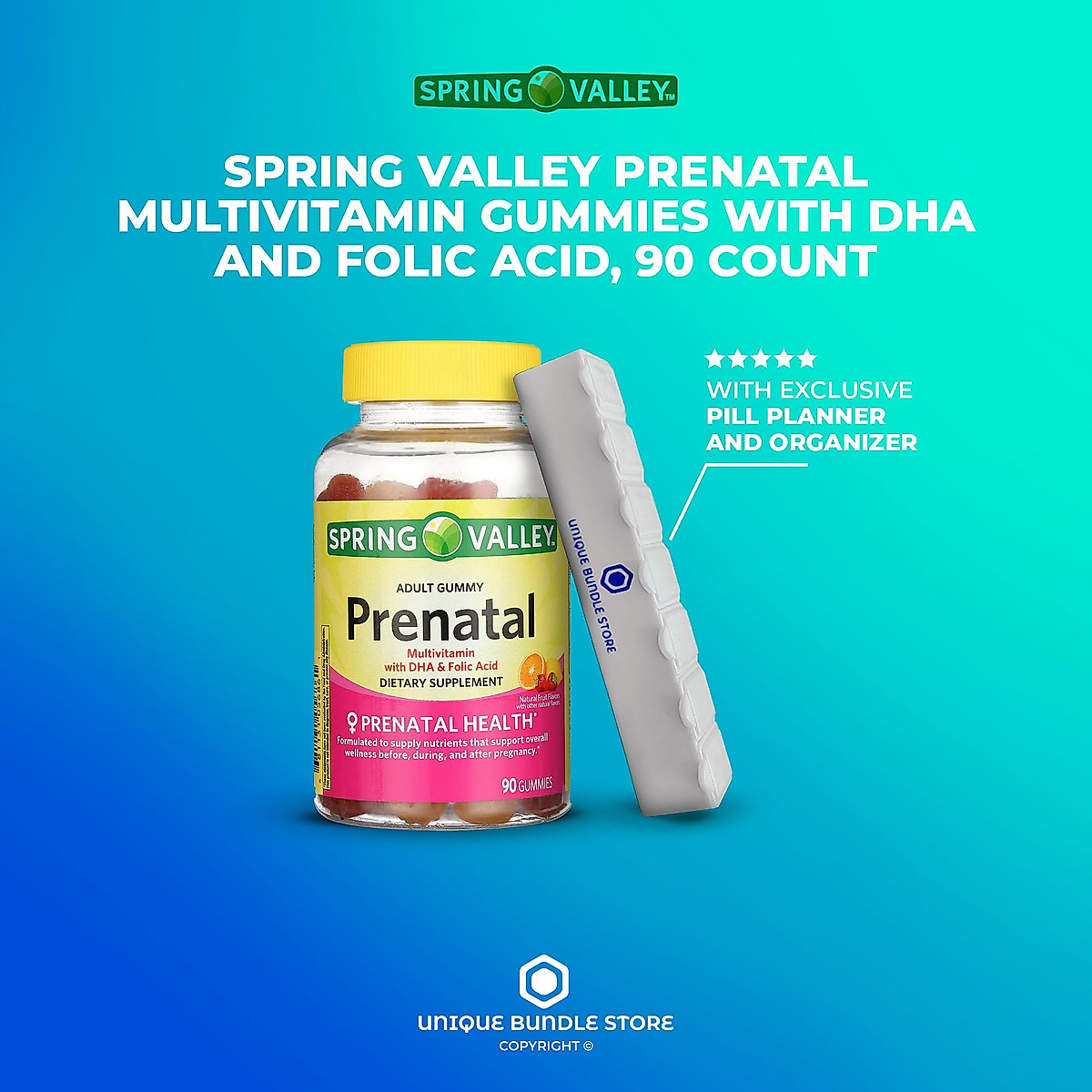 Spring Valley, Prenatal Vitamins Gummies, 90 Count with DHA and Folic Acid, Prenatal Multivitamin Gummies + 7 Day Pill Organizer Inlcuded (Pack of 1)