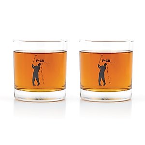 JEM GLASS Slice, F*ck Golf Whiskey Glasses - Set of 2 - Black Dishwasher Safe Print - Funny Golf Presents for Men, Women, Dad, Mom, Husband, Wife, Him, Her - 10.25 Ounces Each