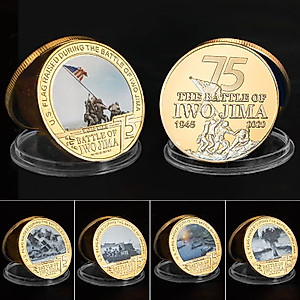 5pcs Coins Set with Metal Case, Marine Corps Raising The Flag On Iwo Jima,Battle of Iwo Jima Commemorative Coins,US Vs Japan Military Army Gold Plated Challenge Coins,Souvenir Gift for Collection