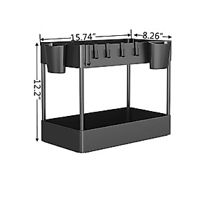 JOCHER 2 Pack Under Sink Organizers and Storage,2 Tier Under Bathroom Sink Organizer With Hooks and Hanging Cup,Multi-purpose Cabinet Organizer Under Sink Storage Shelf for Bathroom Kitchen(Black)