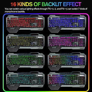 Wireless Gaming Keyboard Mouse and Wired Computer Speaker with Rainbow RGB Backlit Rechargeable Battery Metal Mechanical Ergonomic Waterproof Dustproof Removable Palm Rest for Laptop PC Gamer(Black)