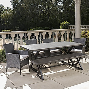 Christopher Knight Home Owenburg Outdoor Aluminum Dining Set with Bench and Wicker Dining Chairs, 6-Pcs Set, Grey / Black / Silver