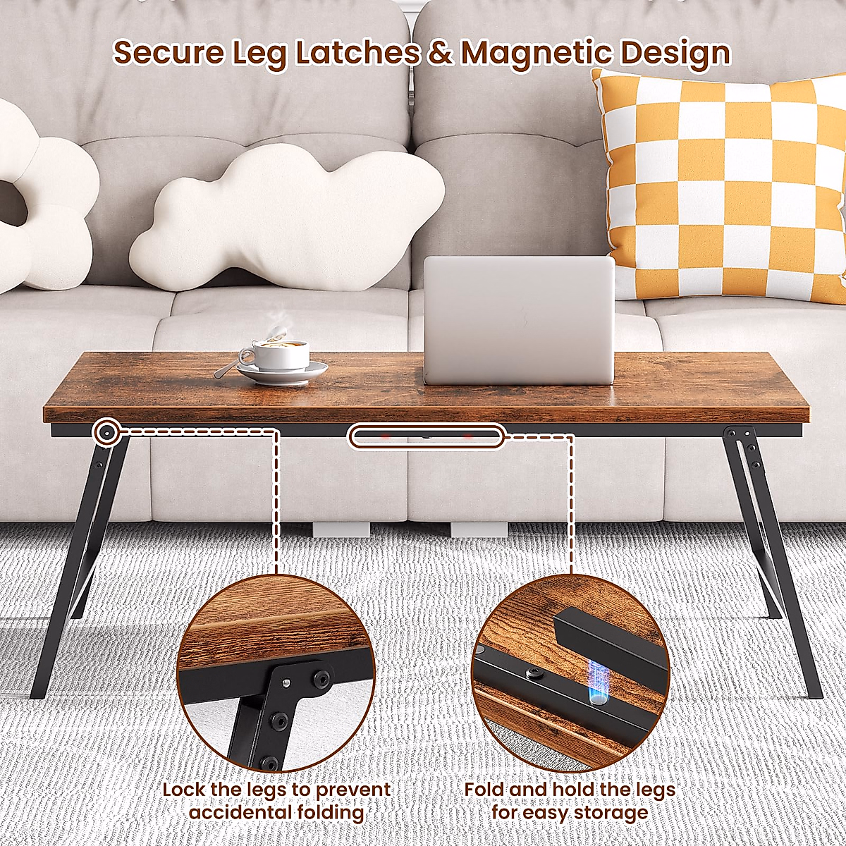 ALLSTAND Folding Coffee Table, Leg Latches Portable Sturdy Floor Table Desk for Sitting on The Floor, No Assembly Low Coffee Table for Living Room, Home, Office, Rustic Brown, 41.34L×21.65W×15.75H