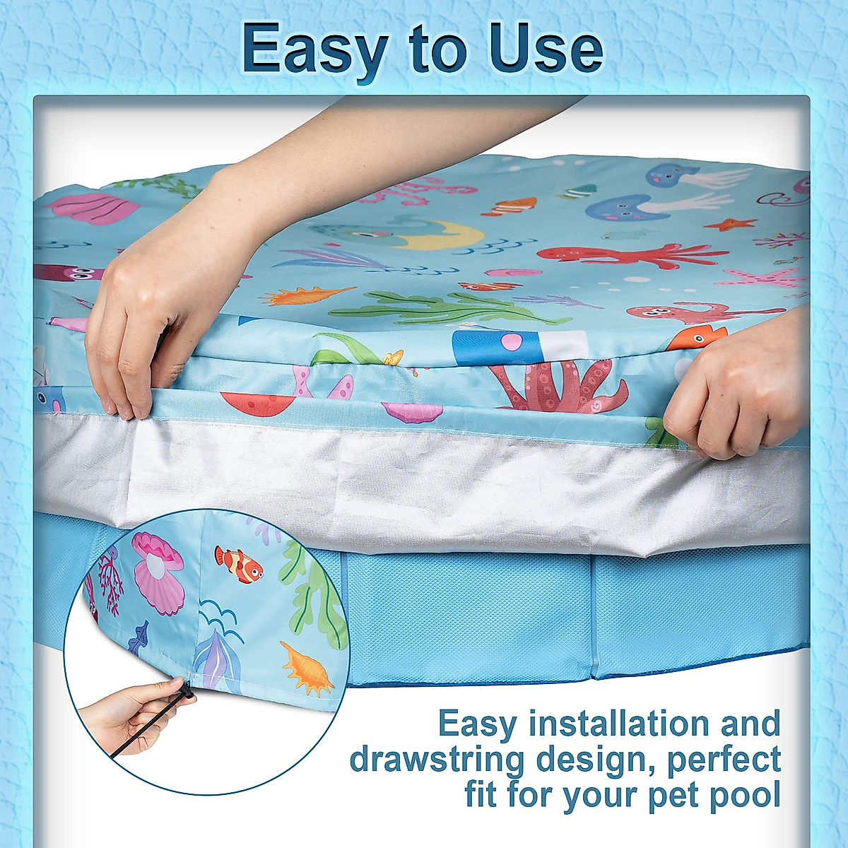 Docuwee Round Pool Cover 32", Foldable Kiddie Solar Cover Fit Dog Swimming Pool, Pets Kids Bath Tub, Inflatable Pool, Anti-UV Dustproof Pool Safety Cover with Cute Ocean Animals Pattern