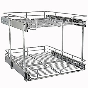 DINDON 2 Tier Pull Out Cabinet Organizer(11" W X 21" D ), Double Tier Wire Basket Slide Out Shelf Storage for Kitchen Base Cabinet Organization ​for Kitchen, Pantry, Bathroom, Chrome