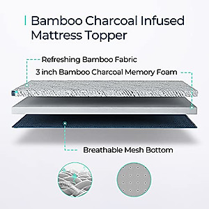 LINSY LIVING Mattress Topper Full Bamboo Charcoal Infused Memory Foam Mattress Topper, 3 Inches Cooling Bed Topper Full Size with Bamboo Fiber Cover, CertiPUR-US & Oeko-TEX Certified, Full