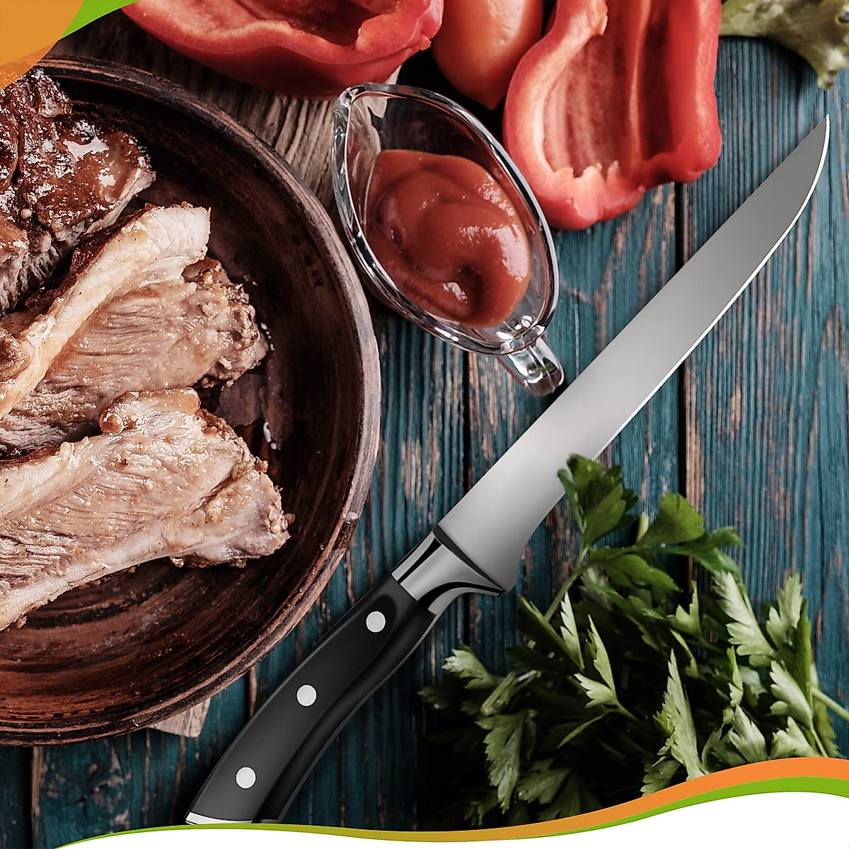 N++A Boning Knife, 6-inch Flexible Fillet Knife German Stainless Steel Kitchen Knives for Meat Fish Poultry Chicken with Ergonomic Handle