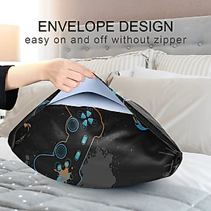 Oyihfvs Seamless Video Game Gamepad Joysticks in Black Blue Neon on Black Silky Satin Pillowcase for Hair and Skin, Soft Bed Pillow Cover, Decorative Silk Pillow Cases, Standard Size 20x26 inches