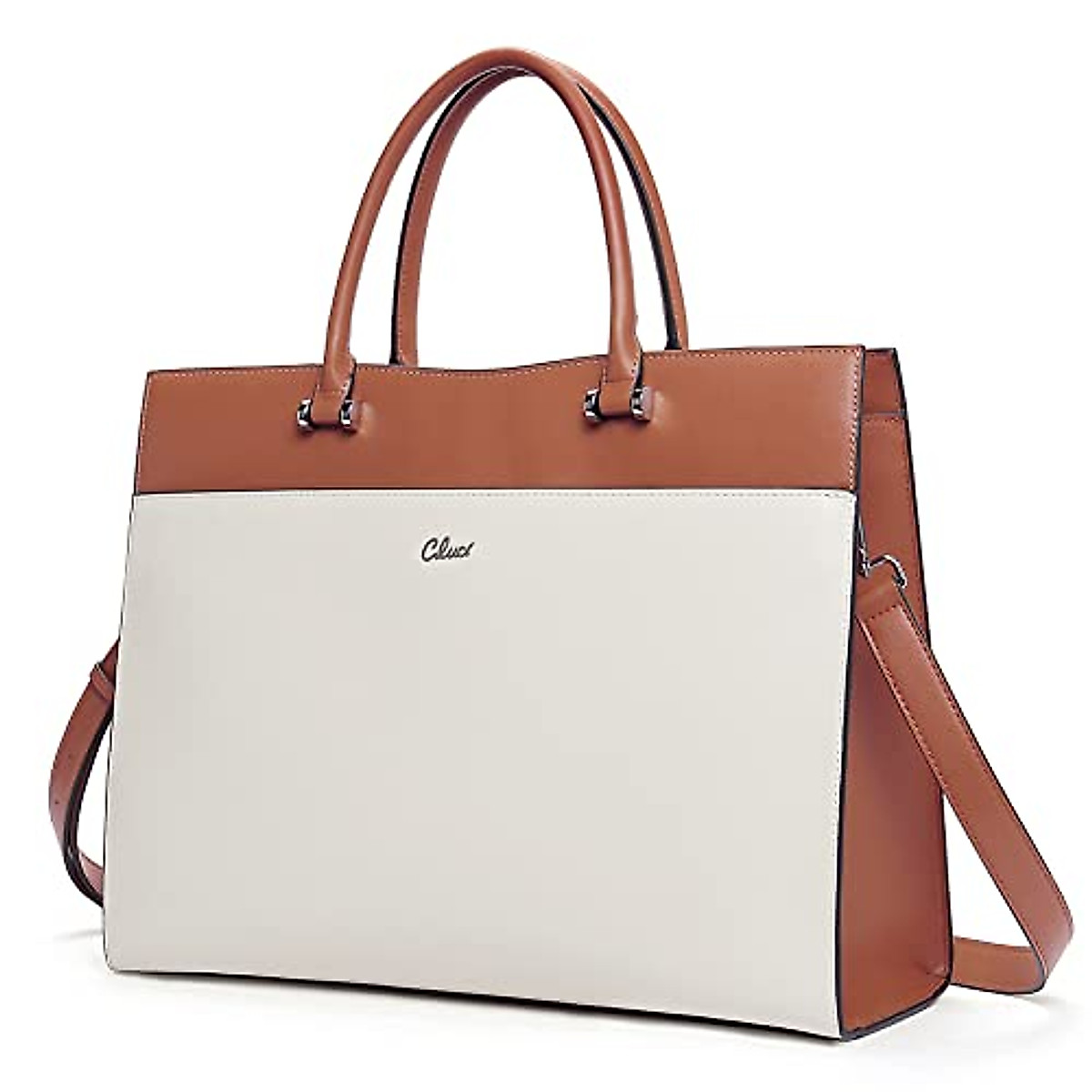 CLUCI Women Briefcase Leather Laptop Bag for Women 15.6inch Computer Bag Messenger Business Work Tote Beige with Brown